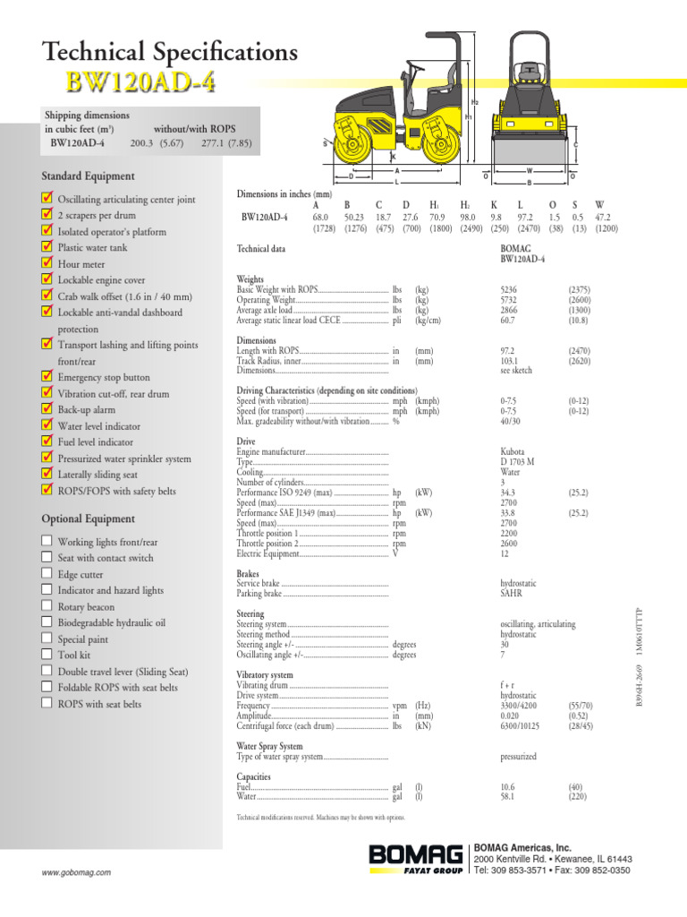 BOMAG BW120AD-4 Technical Specs | PDF | Horsepower | Vehicles