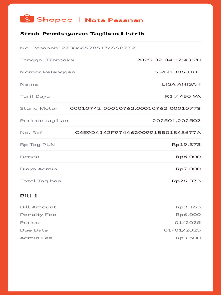 Nota Pesanan: Struk Pembayaran Tagihan Listrik | PDF