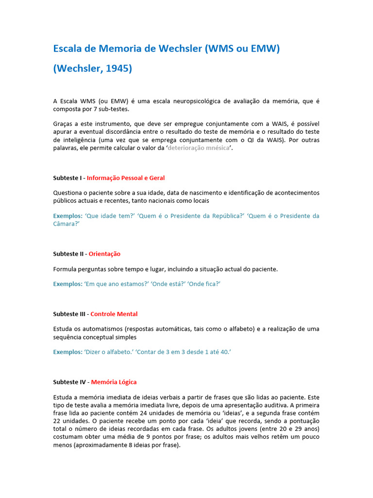 1.Escala_de_Memoria_de_Wechsler_Cotação | PDF | Quociente de ...