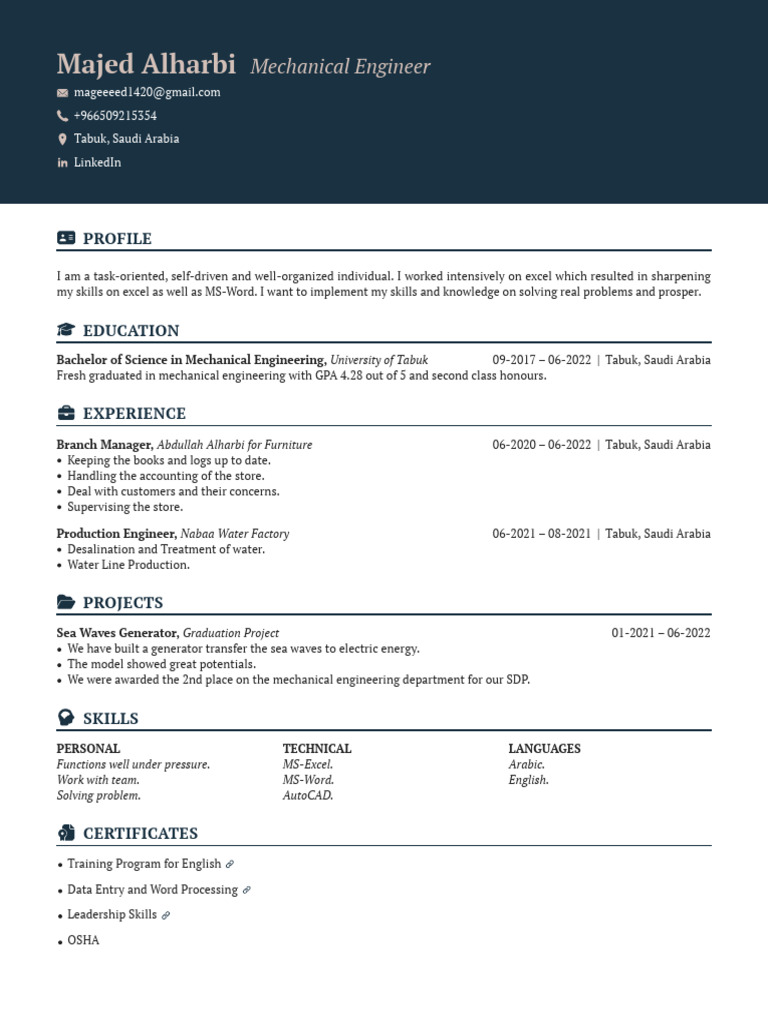Majed Alharbi: Mechanical Engineer | PDF
