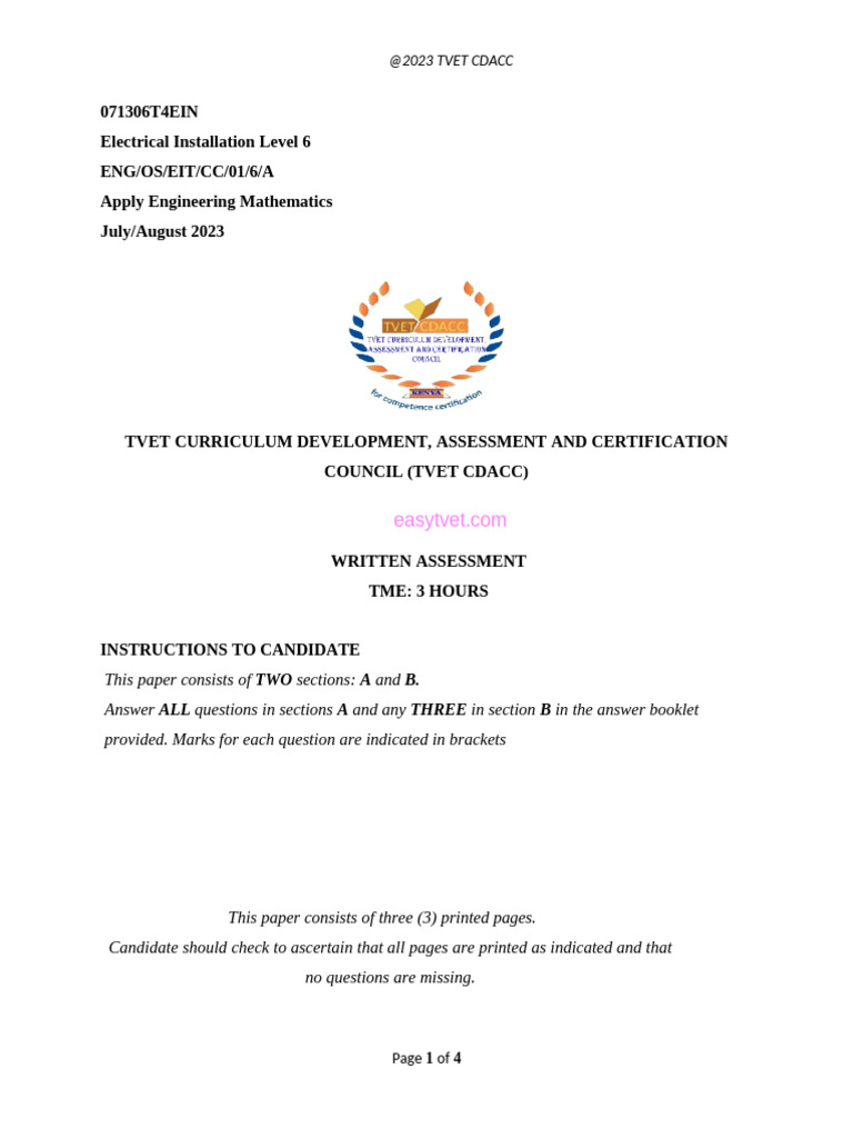 Electrical Installation Maths Paper Level 6 | PDF | Eigenvalues And ...