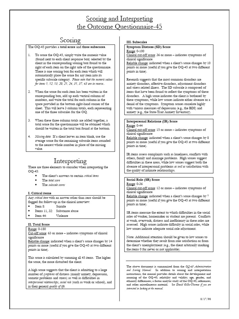 OQ-45 Scoring and Interpretation Guide | PDF | Anxiety | Emotions