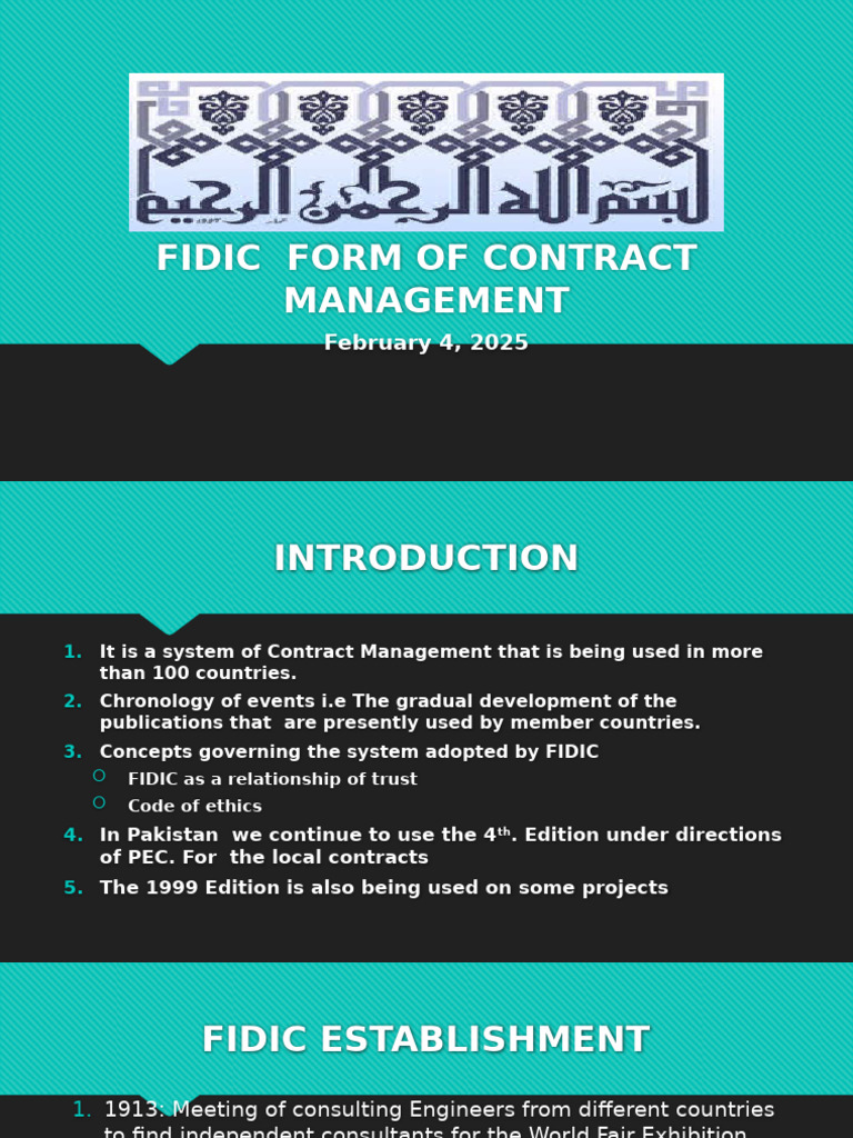 Lec1.1. Fidic Form of Contract Management 1st Presentation | PDF ...