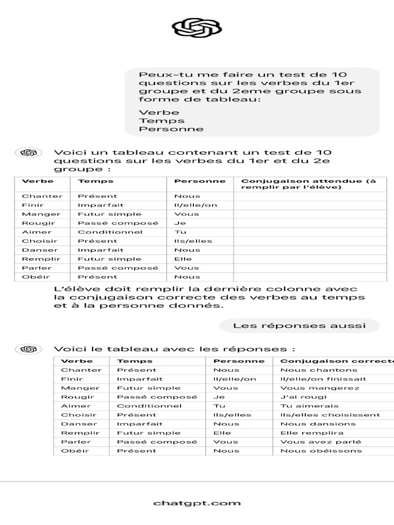 Test Conjugaison Verbes | PDF