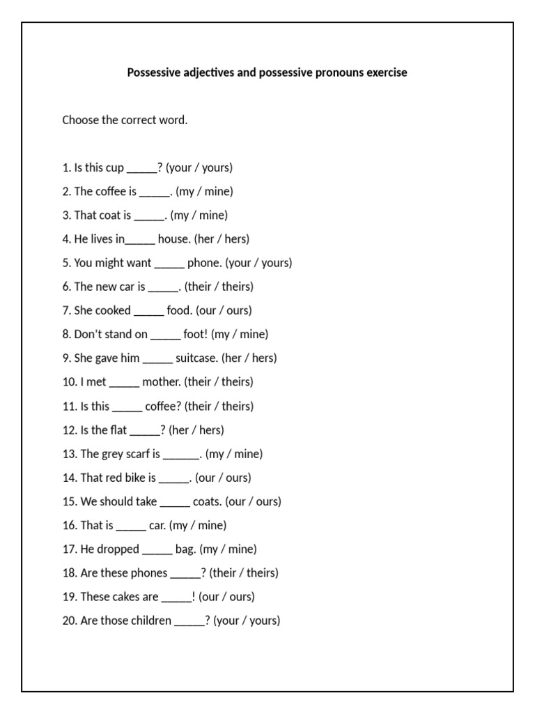 Possessive Adjectives and Pronouns Worksheet 151496 | PDF