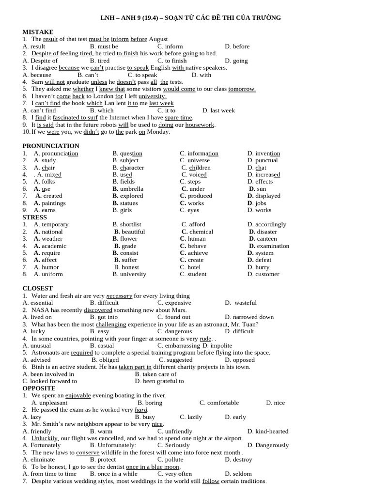 ANH 9 - LNH TỔNG HỢP CÁC ĐỀ THI | PDF