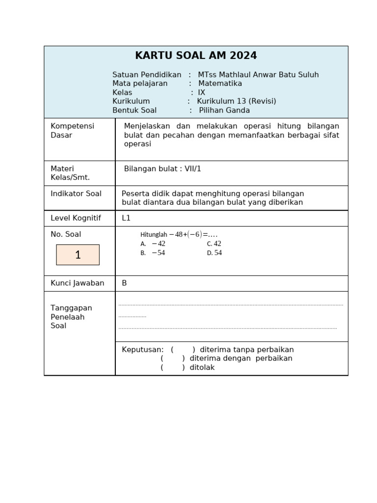 Kartu Soal Am 2024 | PDF