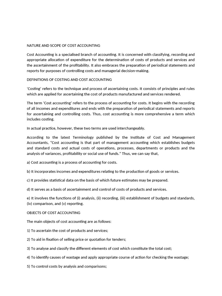 Nature and Scope of Cost Accounting | PDF | Cost Accounting | Expense