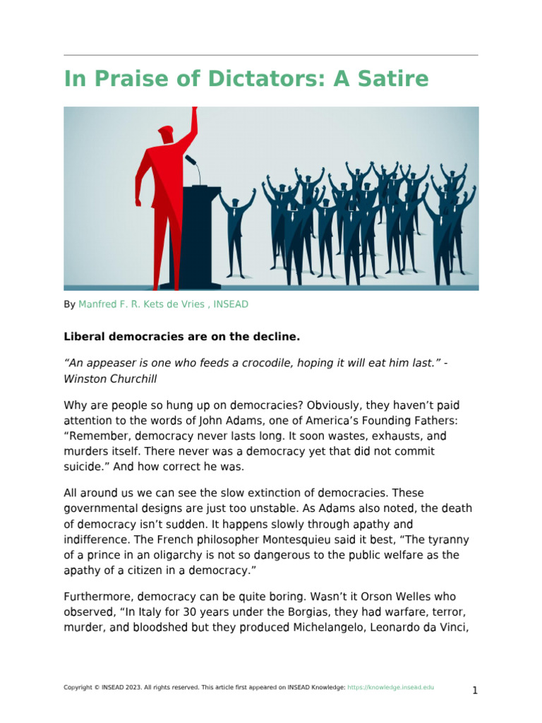 In Praise of Dictators A Satire | PDF | Democracy | Political Ideologies
