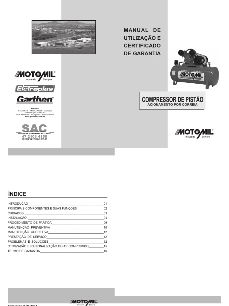 Manual do Compressor Motomil 100L | PDF | Motores | Conector elétrico