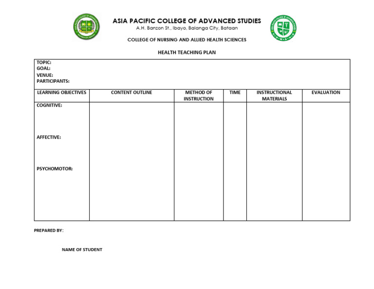Health Teaching Plan Template | PDF