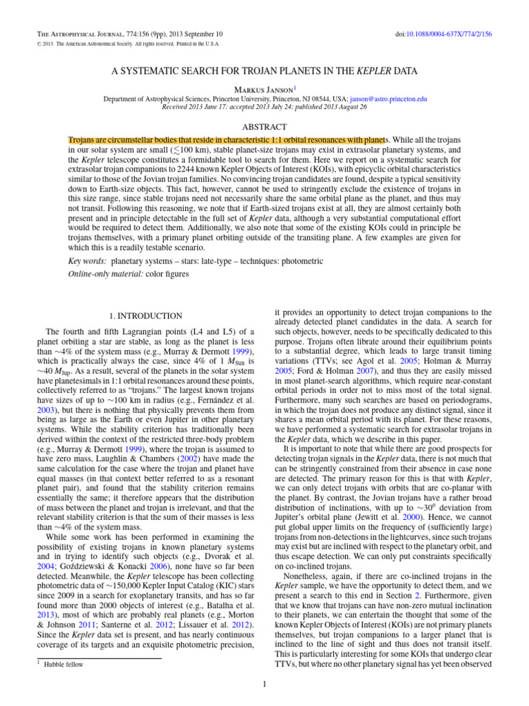 Janson - 2013 - A Systematic Search For Trojan Planets in The Kepler Data | PDF | Planets ...
