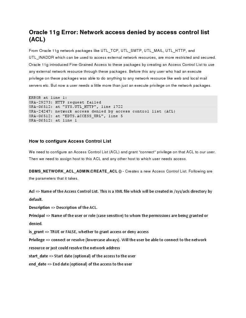 Oracle 11g Error-Network Access Denied by Access Control List (ACL) | PDF | Access Control ...