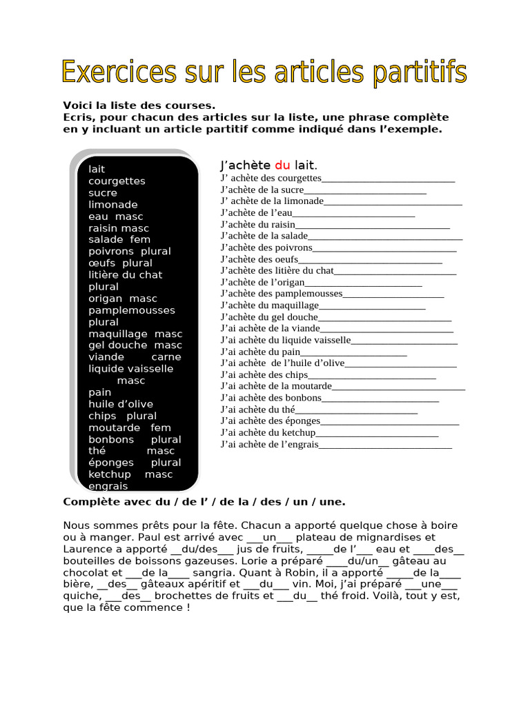 Exercices sur les articles partitifs | PDF | Boisson | Nourritures