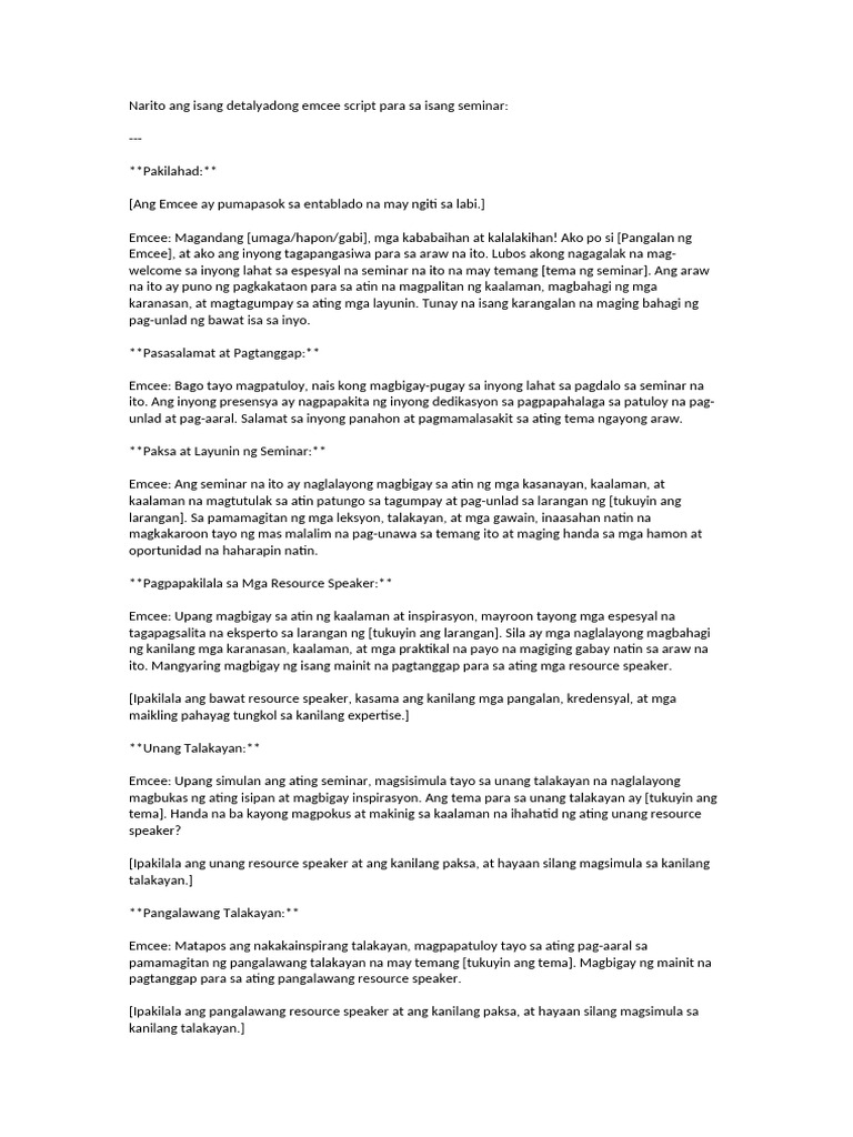 Seminar Emcee Tagalog | PDF