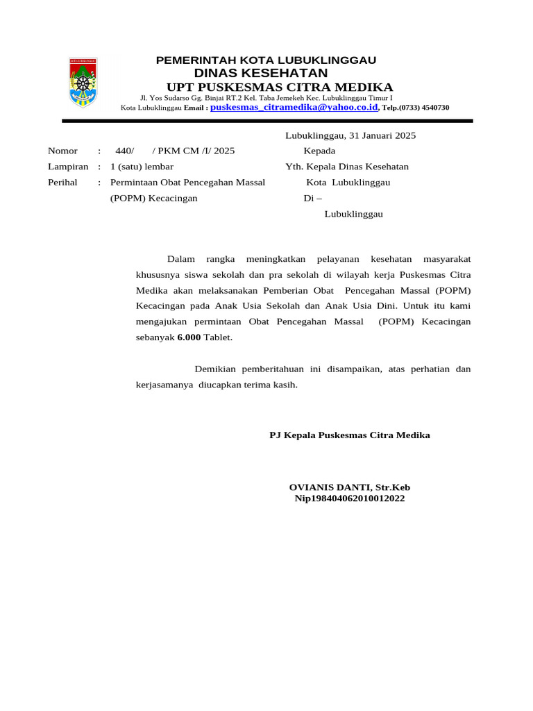 Surat Permintaan Obat Cacing Tahap I Februari 2025 | PDF