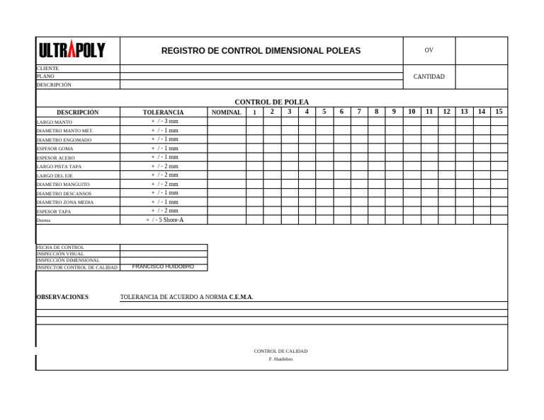 Control Dimensional de Poleas: Registro y Normas C.E.M.A. | PDF