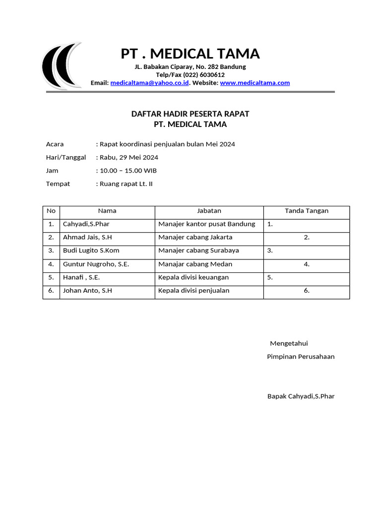 Daftar Hadir Pt. Medical Tama | PDF