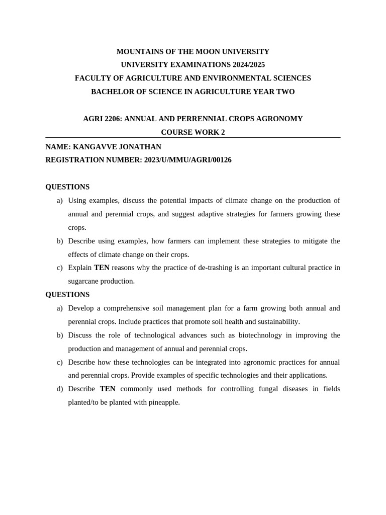 Jonathan's Annual and Perennial Crops Agronomy Course Work 2 | PDF | Agriculture | Genetically ...