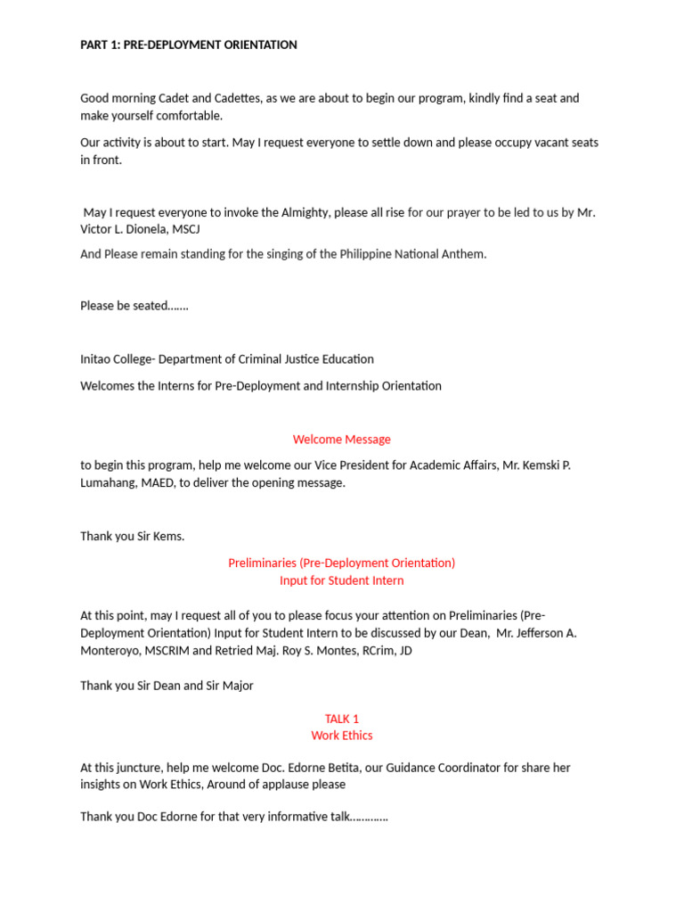 internship orientation- emcee script | PDF