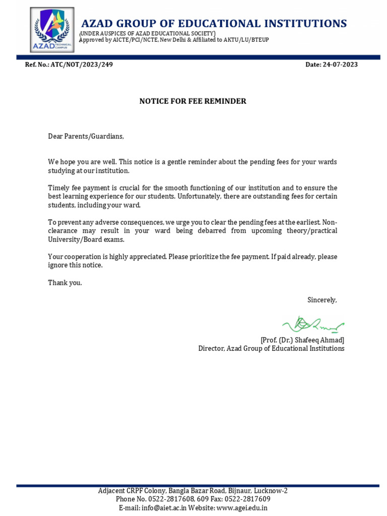 Fee Payment Reminder for Parents | PDF