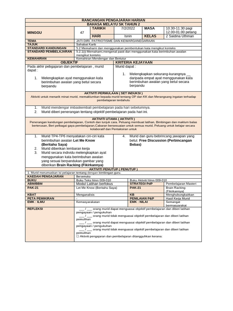 RPH BM Tahun 2 Minggu 4 Penggal Ke3 | PDF