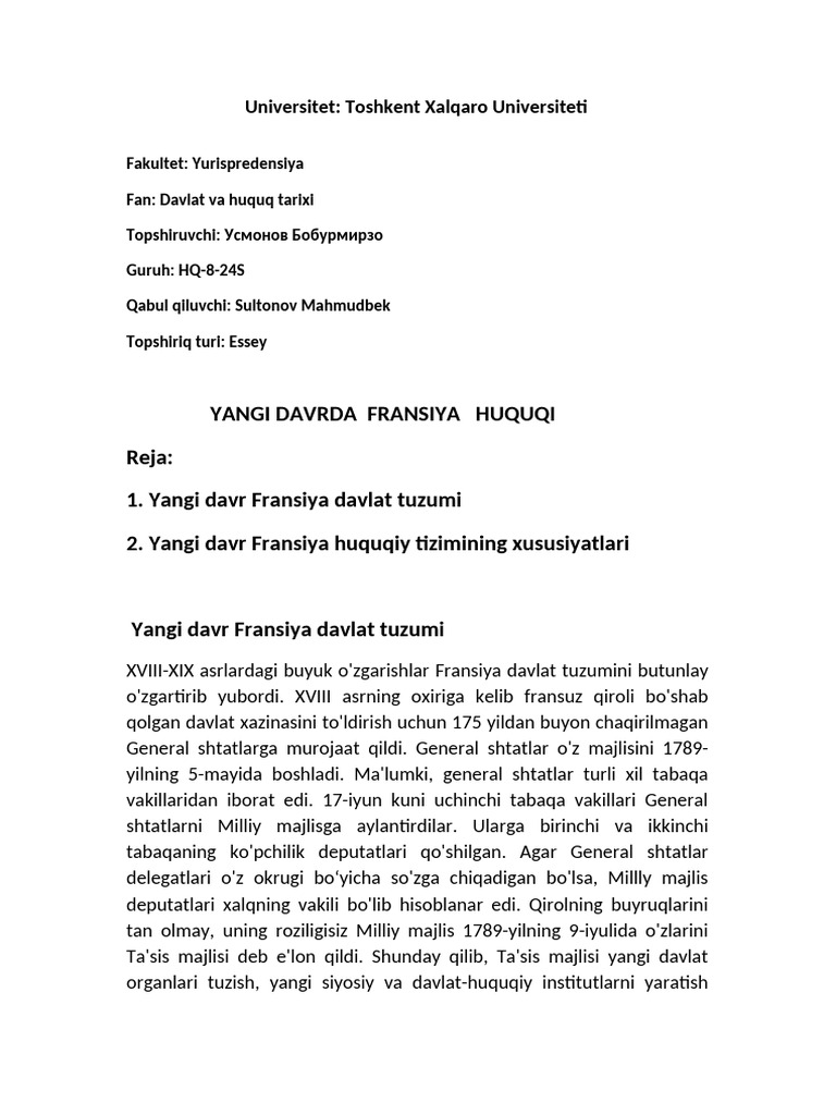 Yangi Davrda Fransiya Huquqi | PDF