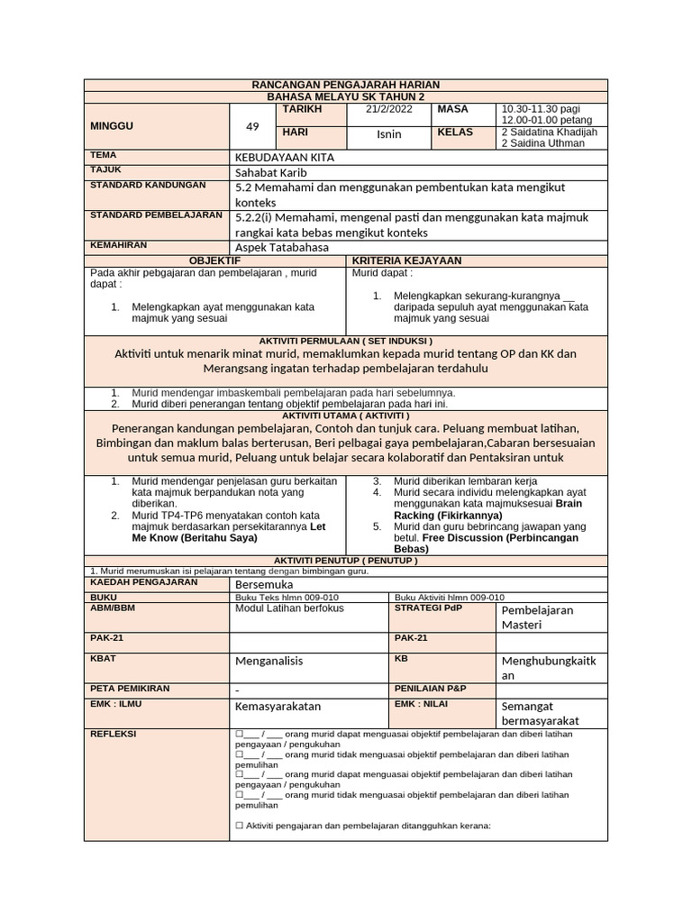 RPH BM TAHUN 2 MINGGU 6 PENGGAL KE3 BY CIKGU GORGEOUS | PDF