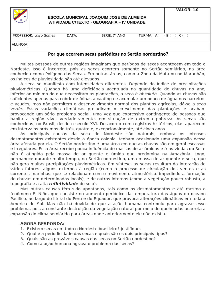 ATIVIDADE EXTRA 7 Ano Seca No Nordeste | PDF | Chuva | Seca