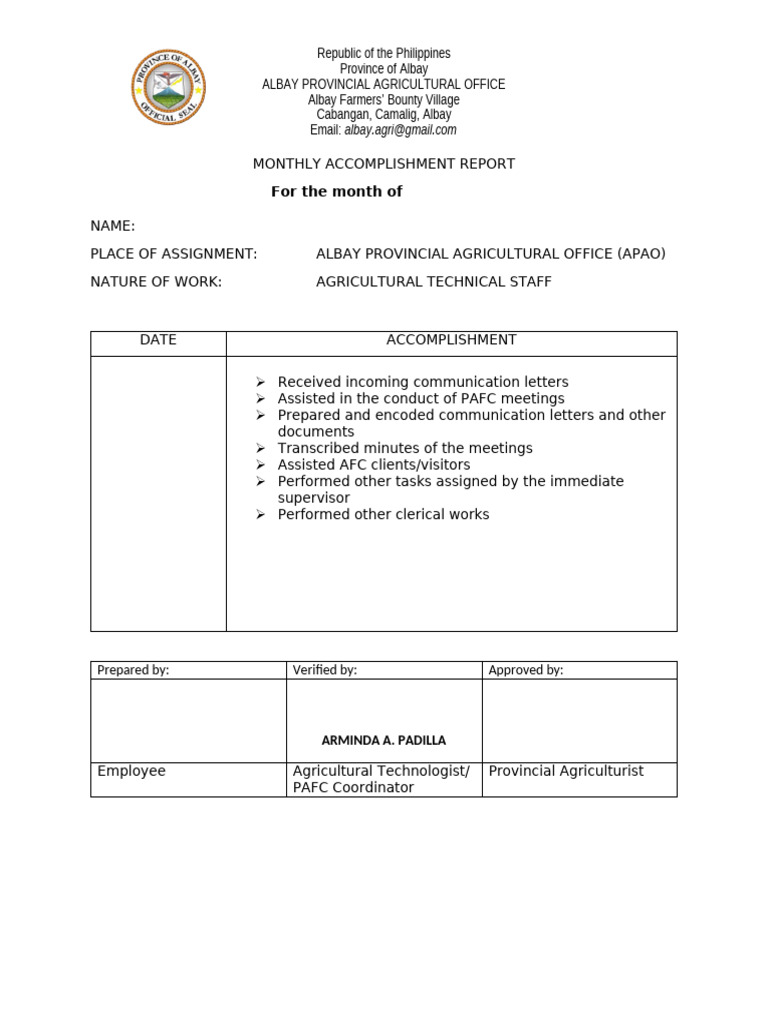 Monthly Accomplishment Report | PDF