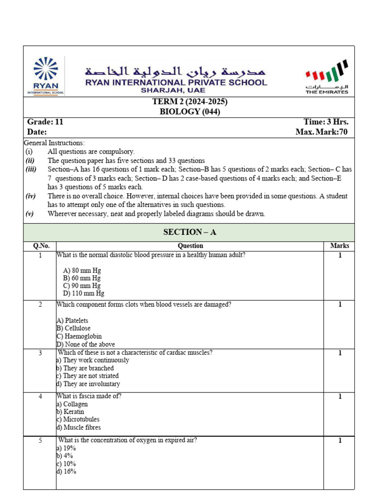 Grade 11 Biology Exam Paper 2024-2025 | PDF | Myelin | Action Potential