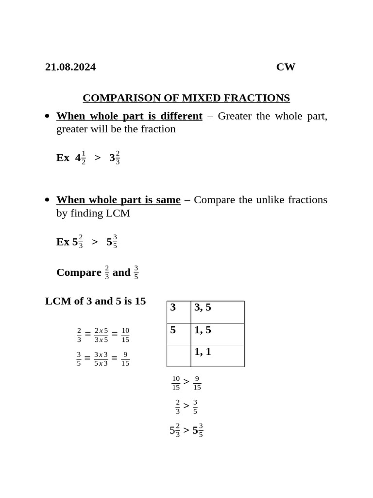 Comparing Mixed Fractions Guide | PDF