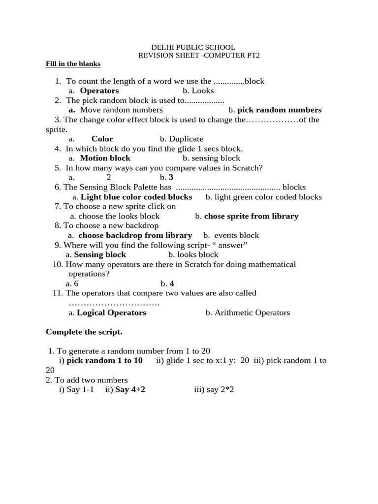 Class 5 Computer Revision Sheet PT 2 Answer Key 1 | PDF | Scratch (Programming Language ...
