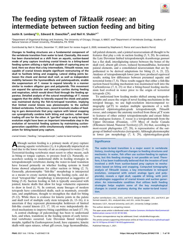 The Feeding System of Tiktaalik Roseae: An Intermediate Between Suction ...