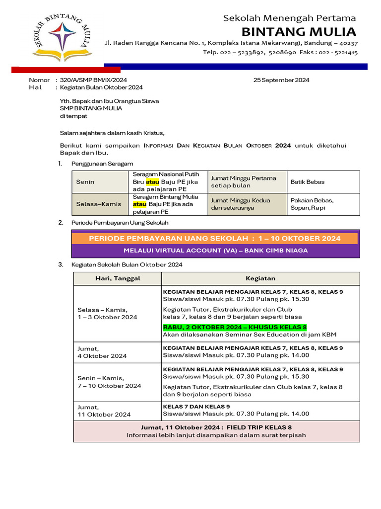 Kegiatan Bulan Oktober 2024 SMP Bintang Mulia | PDF
