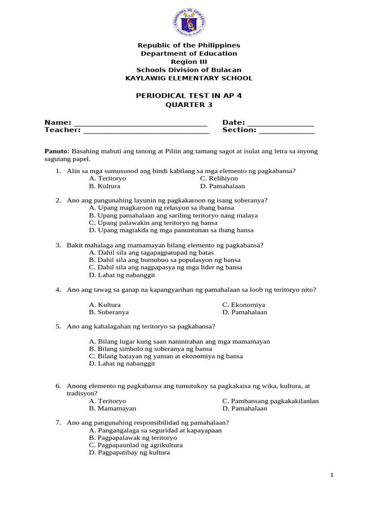 Periodical Test in Ap 4 Quarter 3 Name: - Date: - Teacher: - Section | PDF