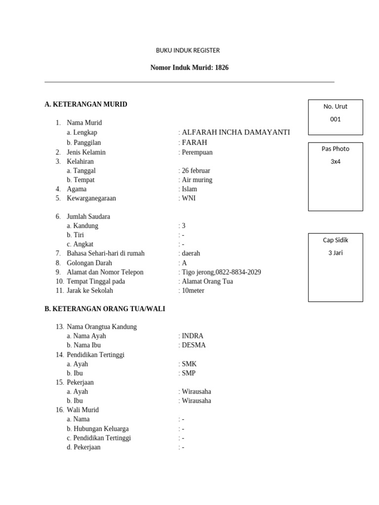 Contoh Nomor Induk Buku Murid | PDF