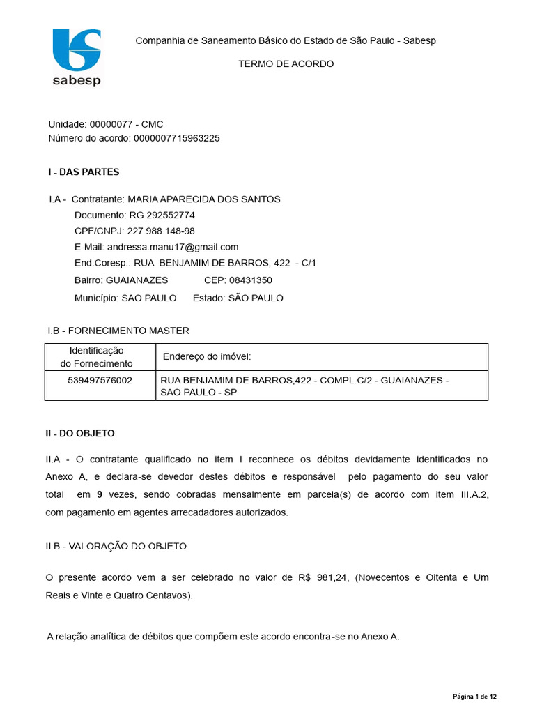 Acordo de Pagamento Sabesp - Maria Aparecida | PDF | Contabilidade de ...