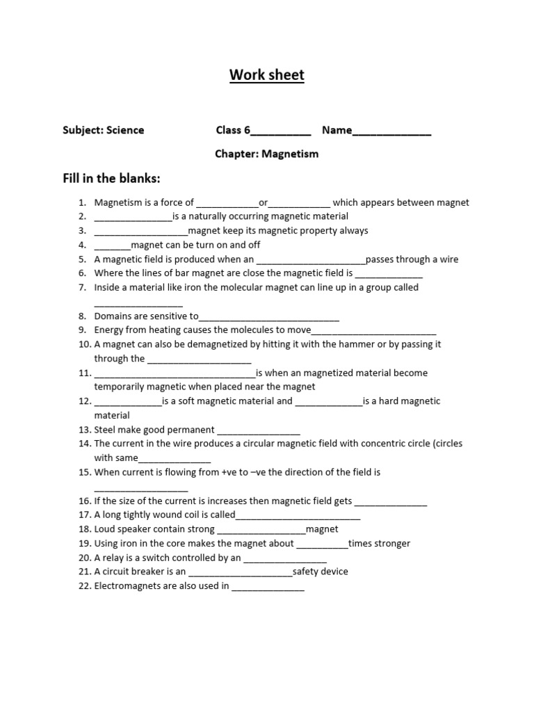 Work Sheet Magnetism | PDF