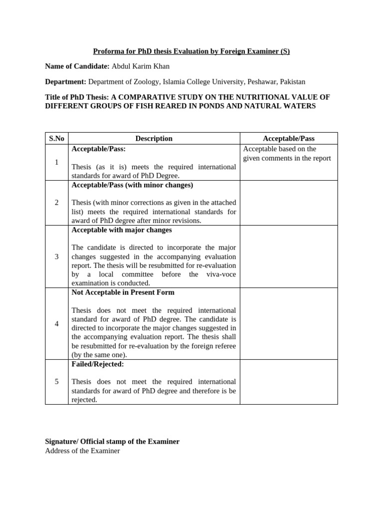 Proforma for PhD thesis Evaluation by Foreign Examiner (1) (1) | PDF