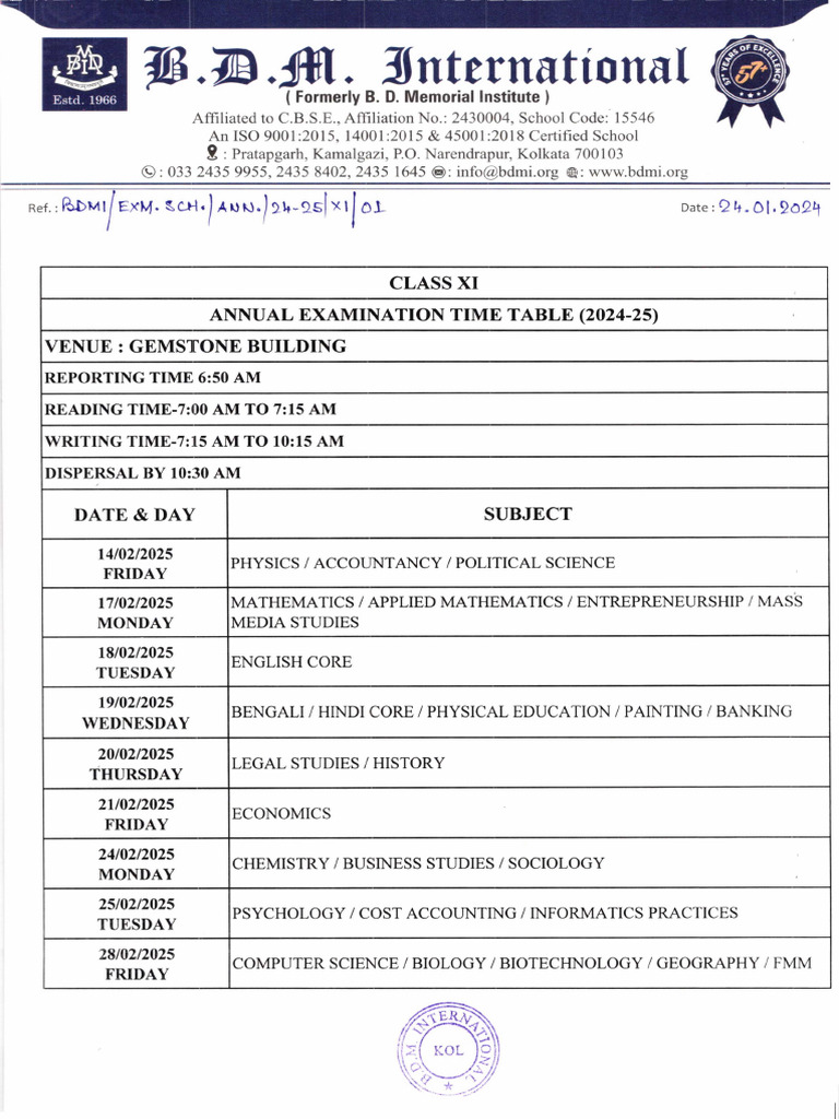 Class XI Annual Exam Schedule 2024-25 | PDF