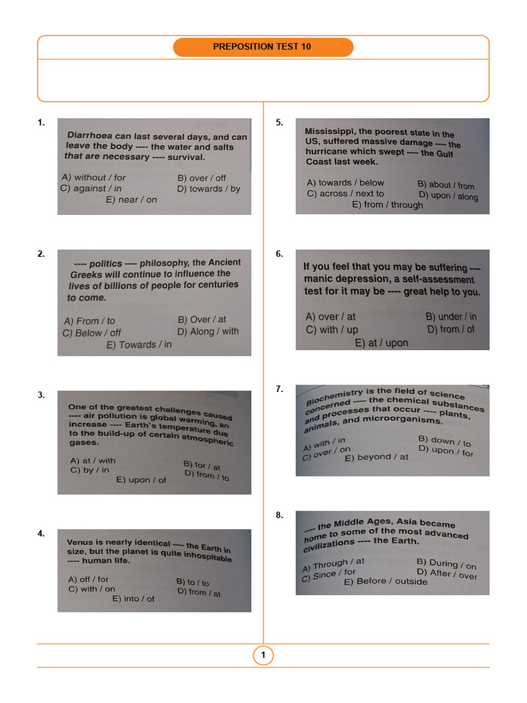 PREPOSITION TEST 10 | PDF
