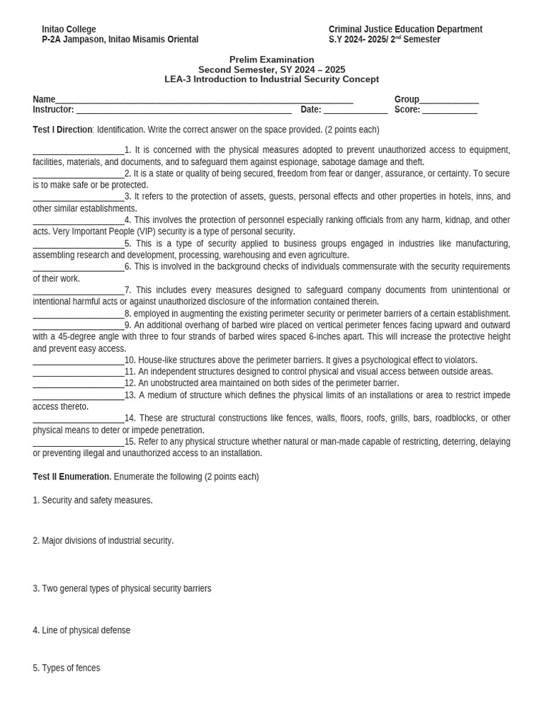 LEA 3 Prelim With No Ans - 170 | PDF | Securities | Physical Security