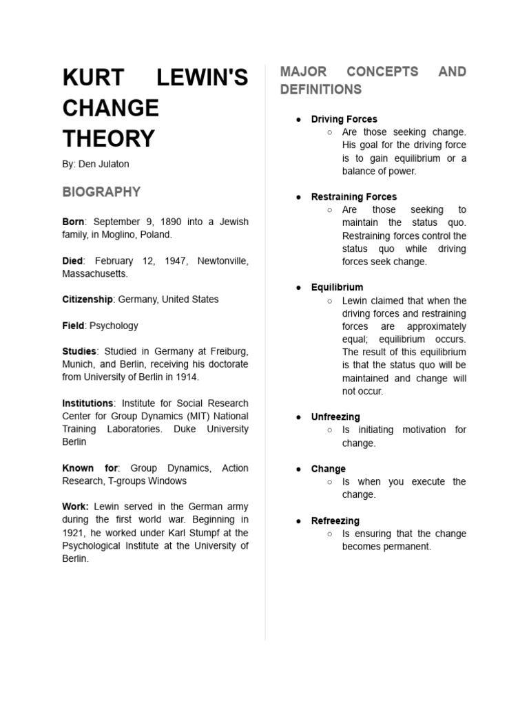 Lewin's Change Theory Explained | PDF | Change Management | Psychology