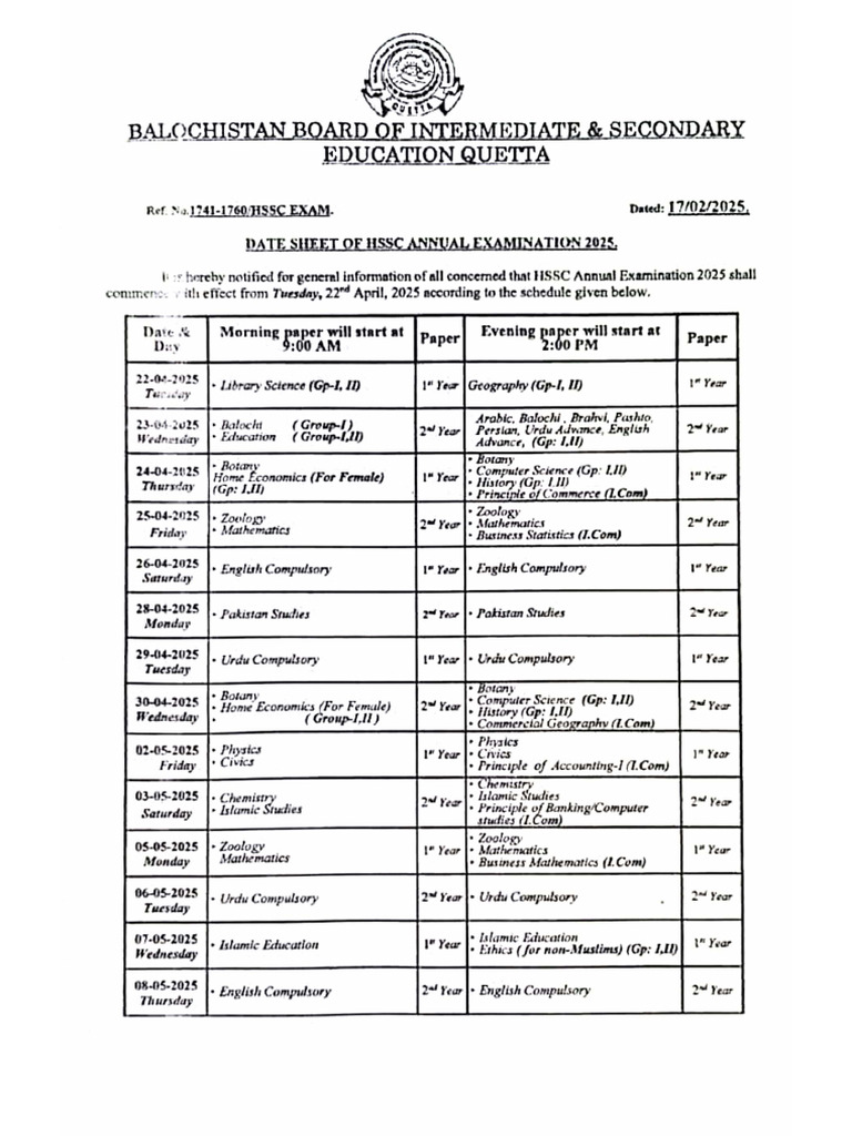 FA & FSC Date Sheet Annual 2025 Balochistan Board | PDF