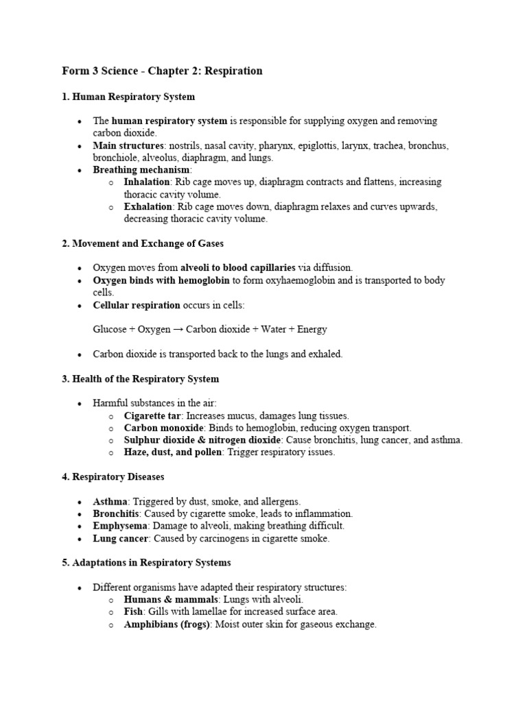 Form 3 Science - Chapter 2 - Respiration | PDF | Respiratory System | Lung