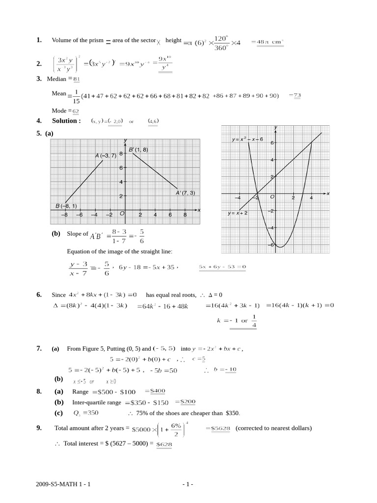 S5 08-09 Math Paper 1 solution | PDF | Area | Elementary Geometry
