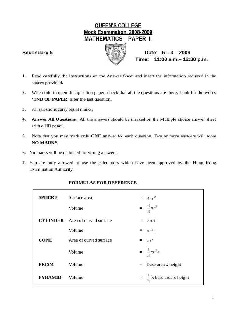 S5 08-09 Math Paper 2 Question and Answer | PDF | Area | Volume