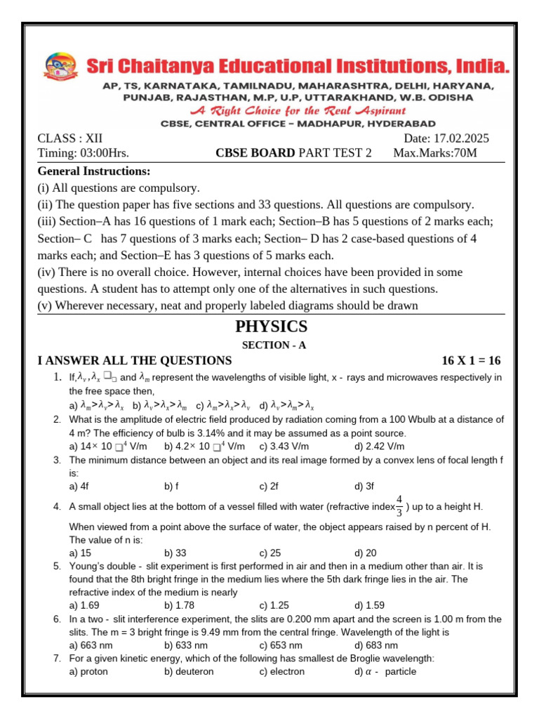 Allsr's - Cbse Board - Physics Part Test 2 Q.P 17.02.2025 | PDF ...