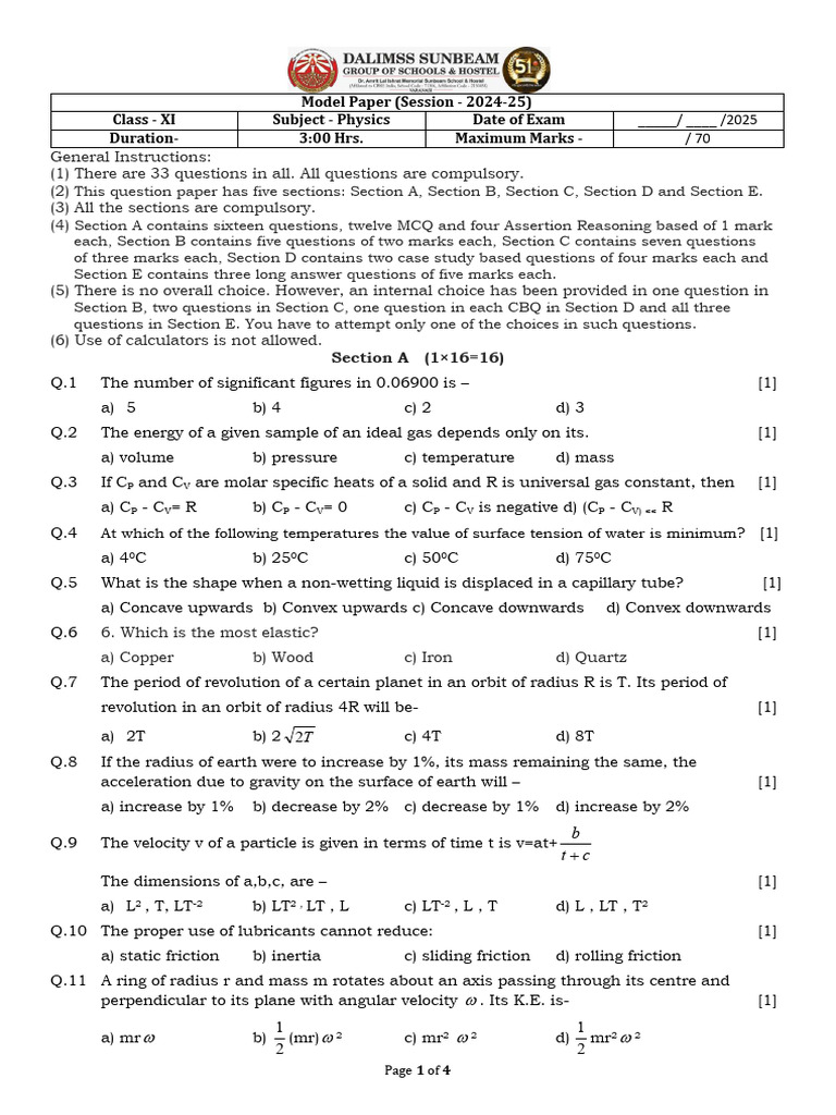 Class 11 Physics Model Paper 2024-25 | PDF | Gases | Continuum Mechanics